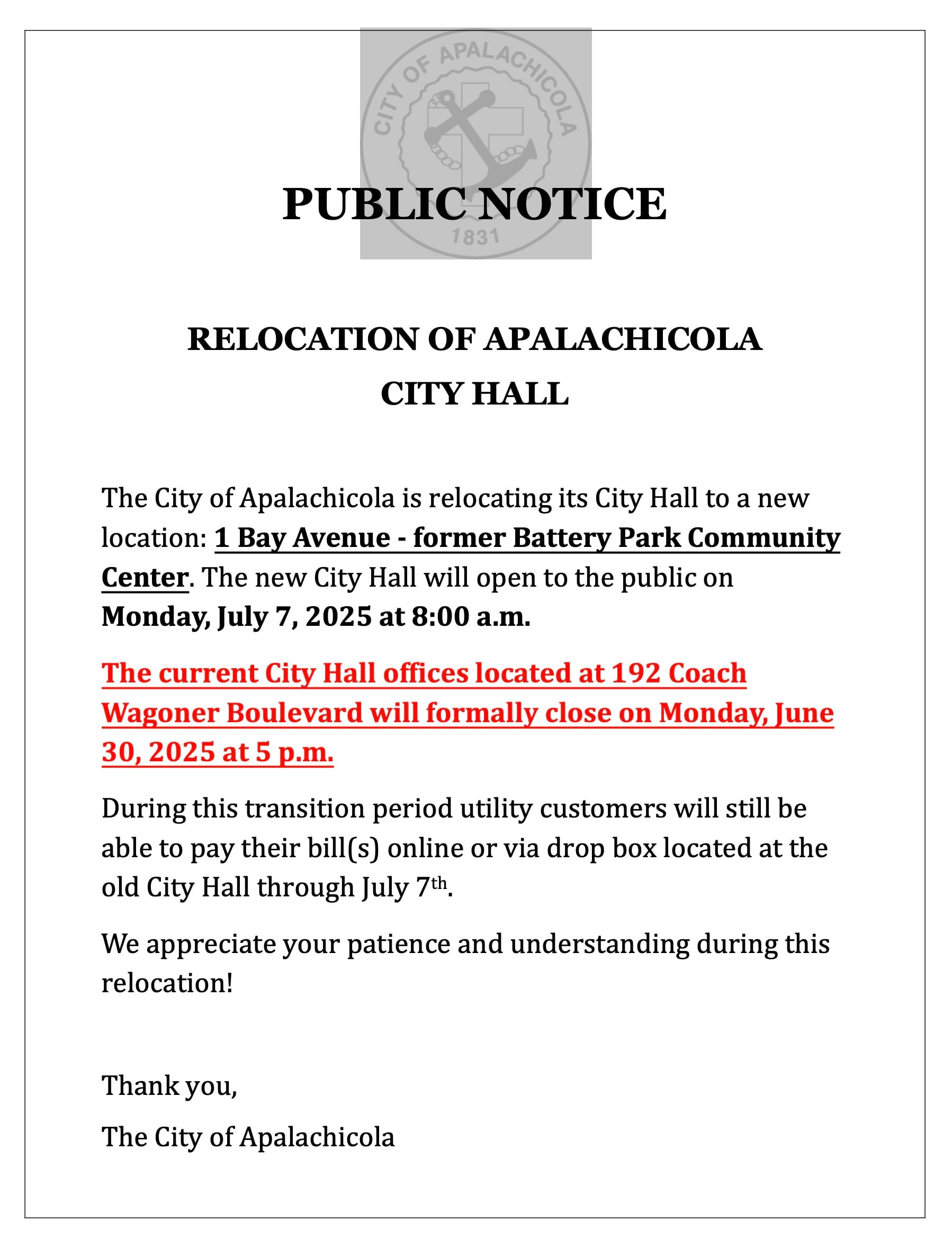 Notice of Relocation - City of Apalachicola Florida